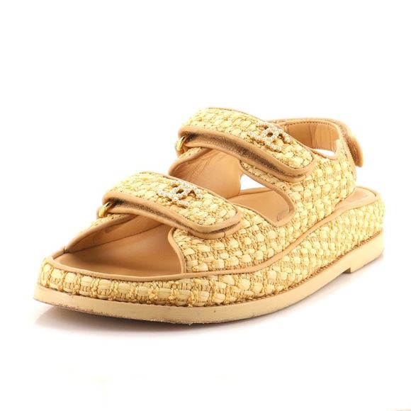 CHANEL | Shoes | Chanel Womens Velcro Dad Sandals Raffia Neutral | Poshmark